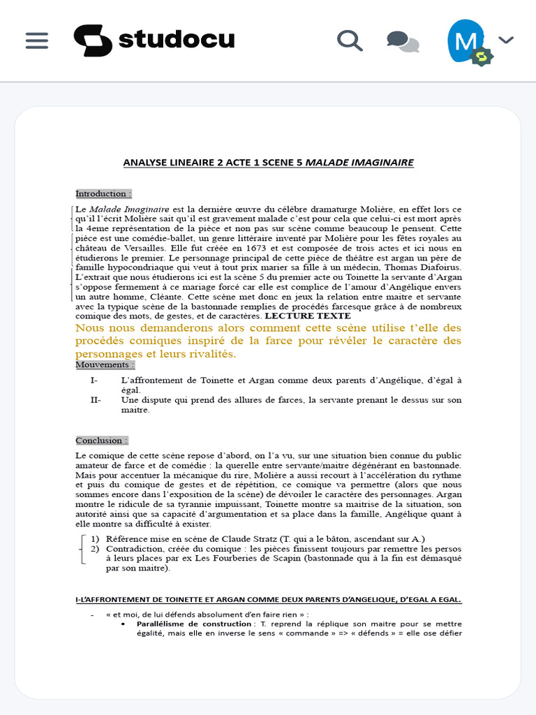 Analyse Lineaire 2 ACTE 1 Scene 5 Malade Imaginaire - ANALYSE LINEAIRE ...