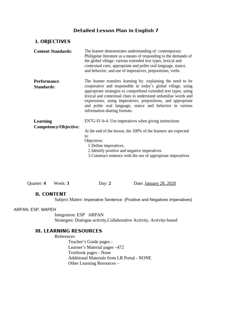 Detailed Lesson Plan in English 7 - Observation | PDF