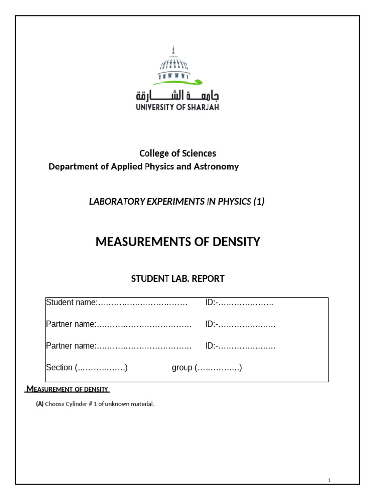 Exp (02) - Measurement of Density (Lab Report) - Tagged HW | PDF
