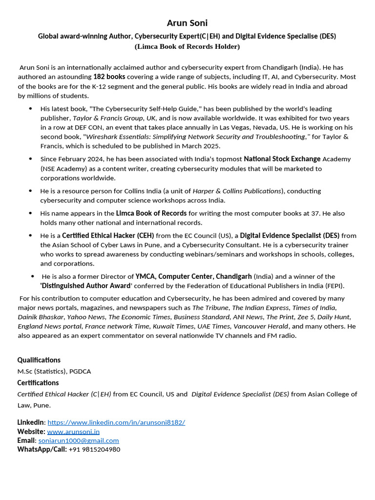 Arun Soni: Cybersecurity Expert Bio | PDF | Computer Security | Security