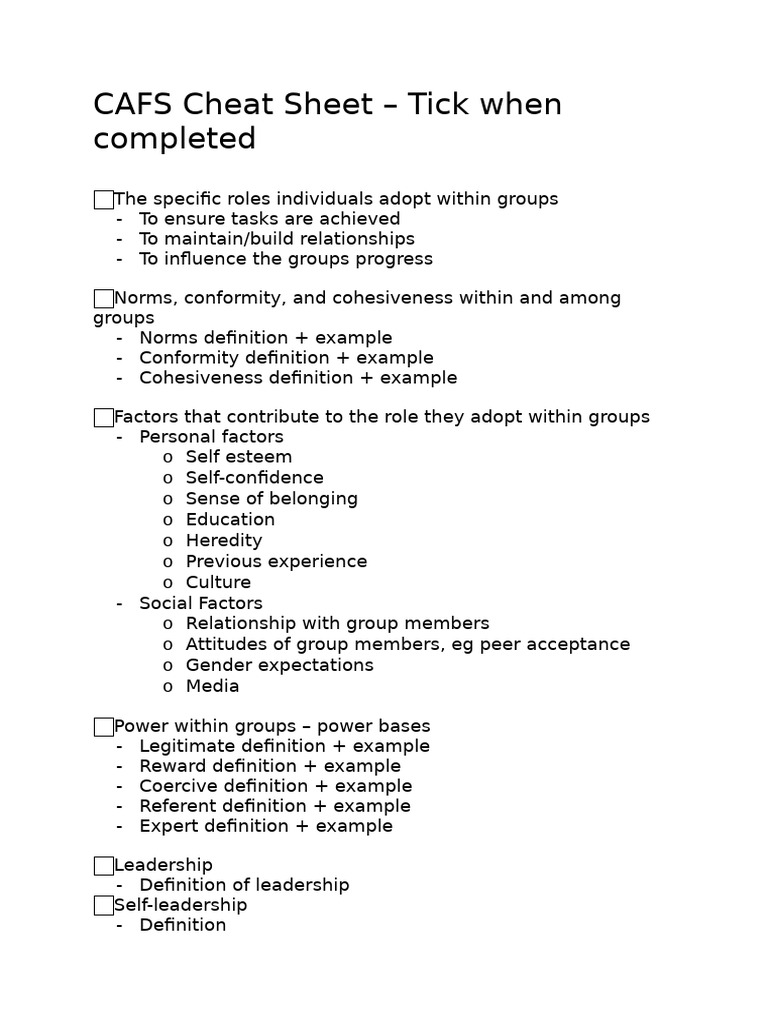 CAFS Cheat Sheet | PDF | Self-Improvement