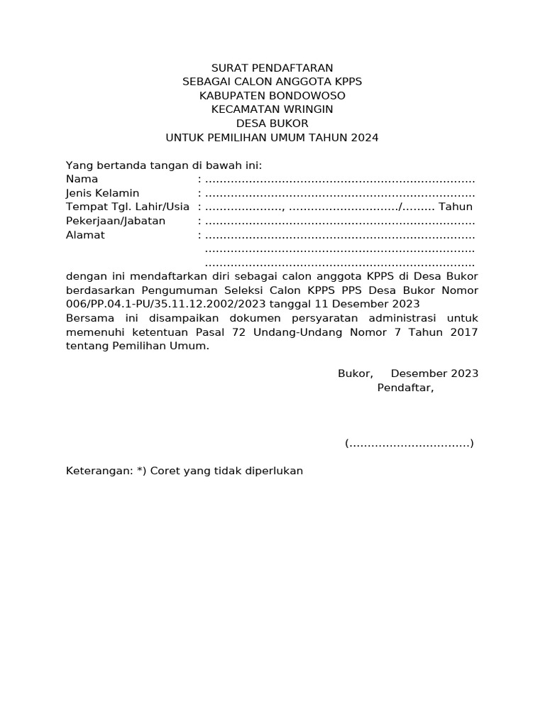 Surat Pendaftaran Calon KPPS Desa Bukor-1 | PDF