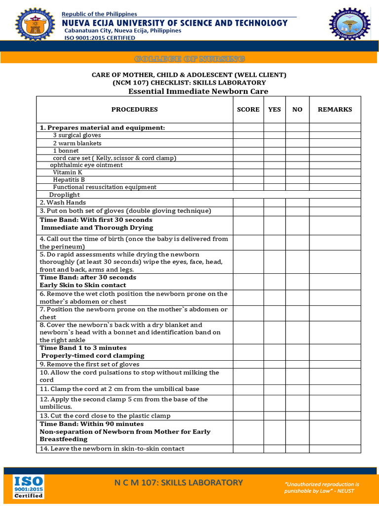 PEDIA SKILLS LAB CHECKLIST NCM 107 | PDF