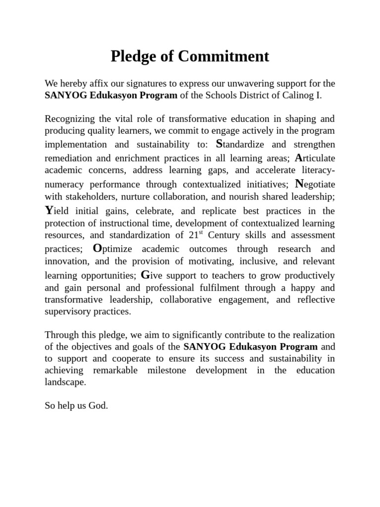 Pledge of Commitment - SANYOG Edukasyon Program | PDF
