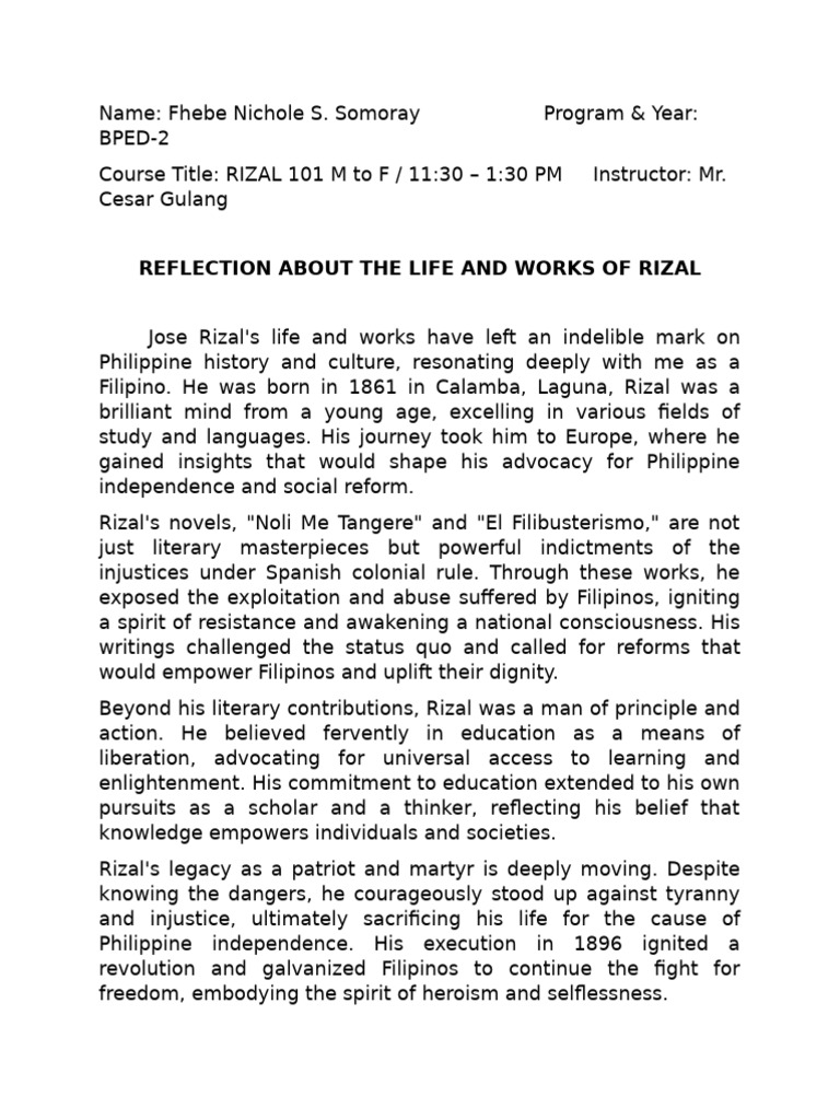 Reflection Paper - Life and Works of Rizal | PDF