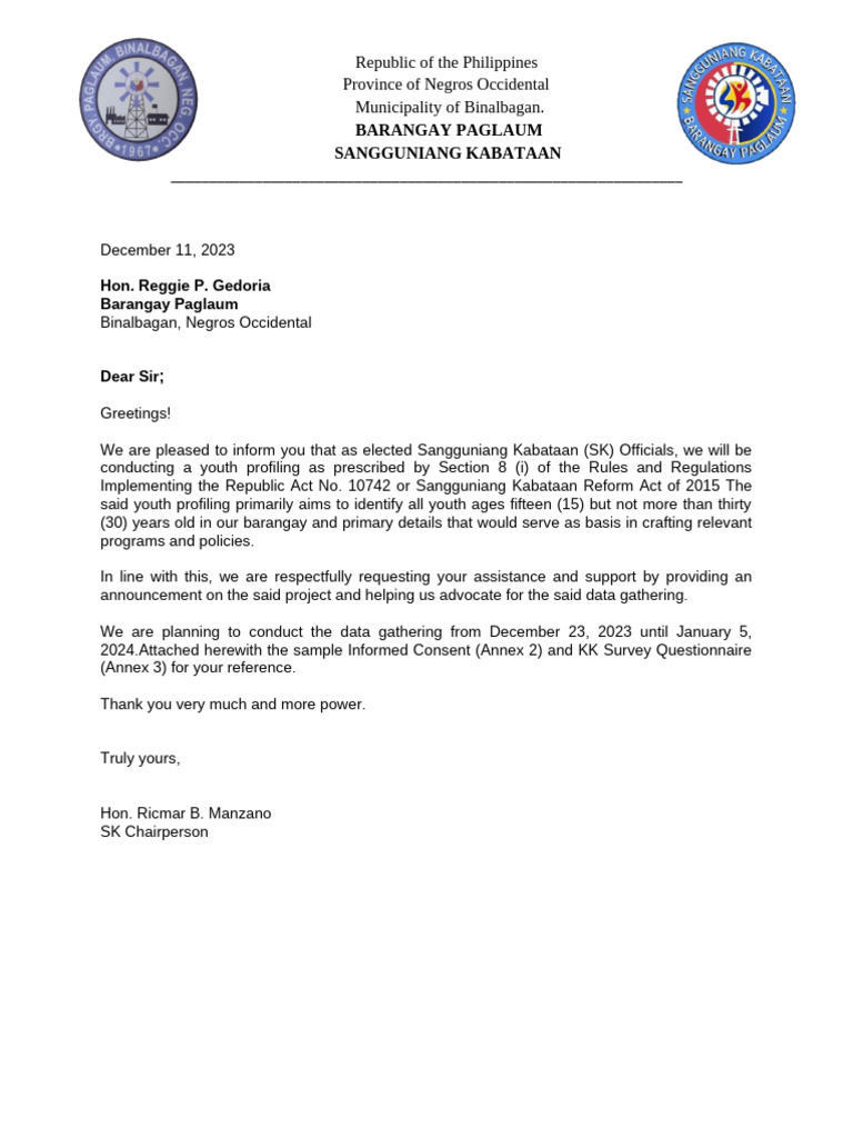 Annex 1 Letter To Punong Barangay | PDF