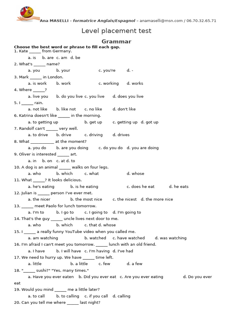 Level Placement Test Deb - Pre Int | PDF | Language Arts & Discipline
