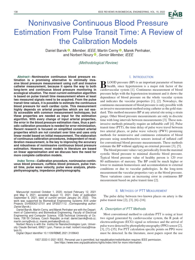Noninvasive Continuous Blood Pressure Estimation From Pulse Transit Time A Review of The ...