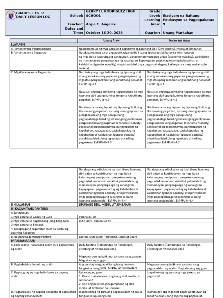 EsP9-DLL-Q1-Lipunang-Sibil-Part2 | PDF