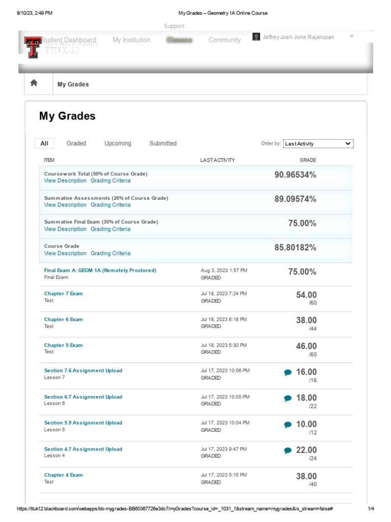 My Grades - Geometry 1A Online Course | PDF