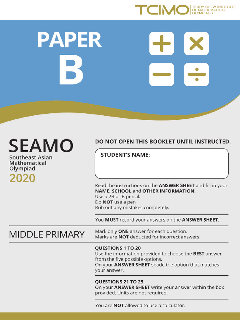 SEAMO 2020 Paper B With Answer Key | PDF | Prime Number | Mathematics
