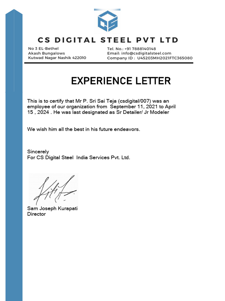 P. SRISAITEJA Experience Letter | PDF