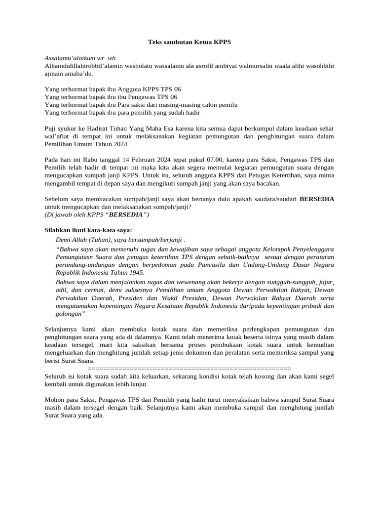 Teks Sambutan Ketua KPPS | PDF | Politik