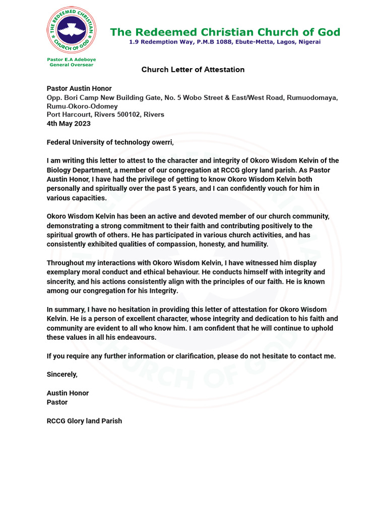 Attestation Letter for Okoro Wisdom Kelvin | PDF