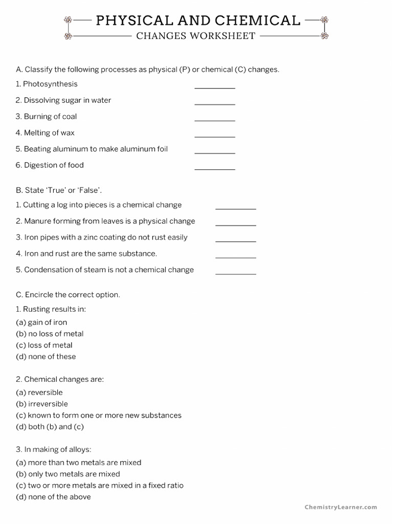 Physical and Chemical Changes Worksheet 7th Grade | PDF