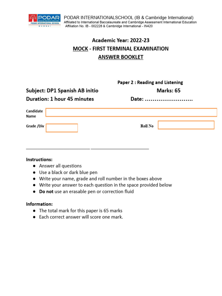 DP1 Term 1 Paper 2 Mock Answer Booklet | PDF