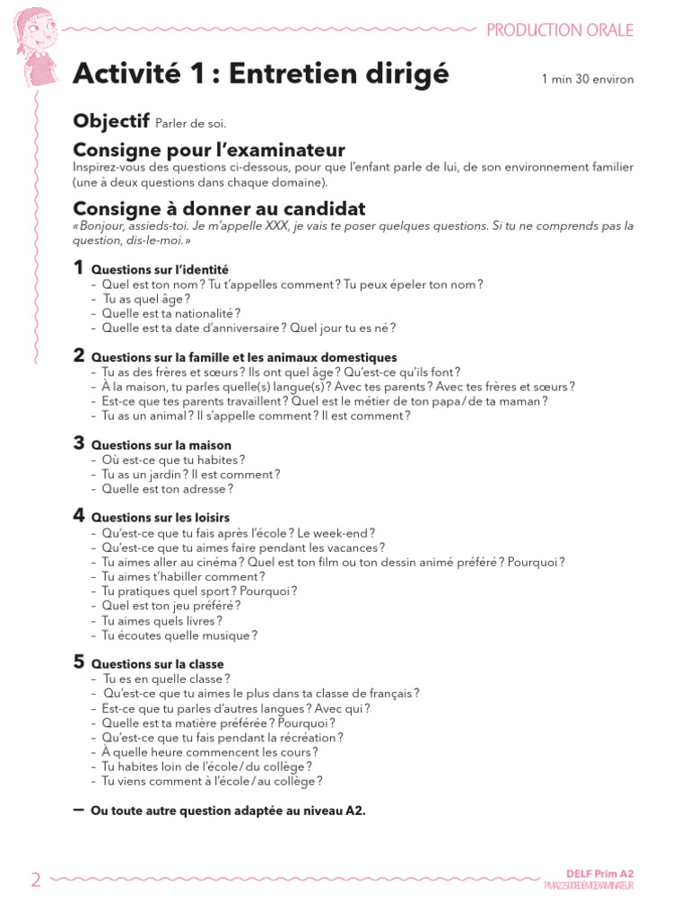 DELF Prim A2 Production Orale 1 | PDF