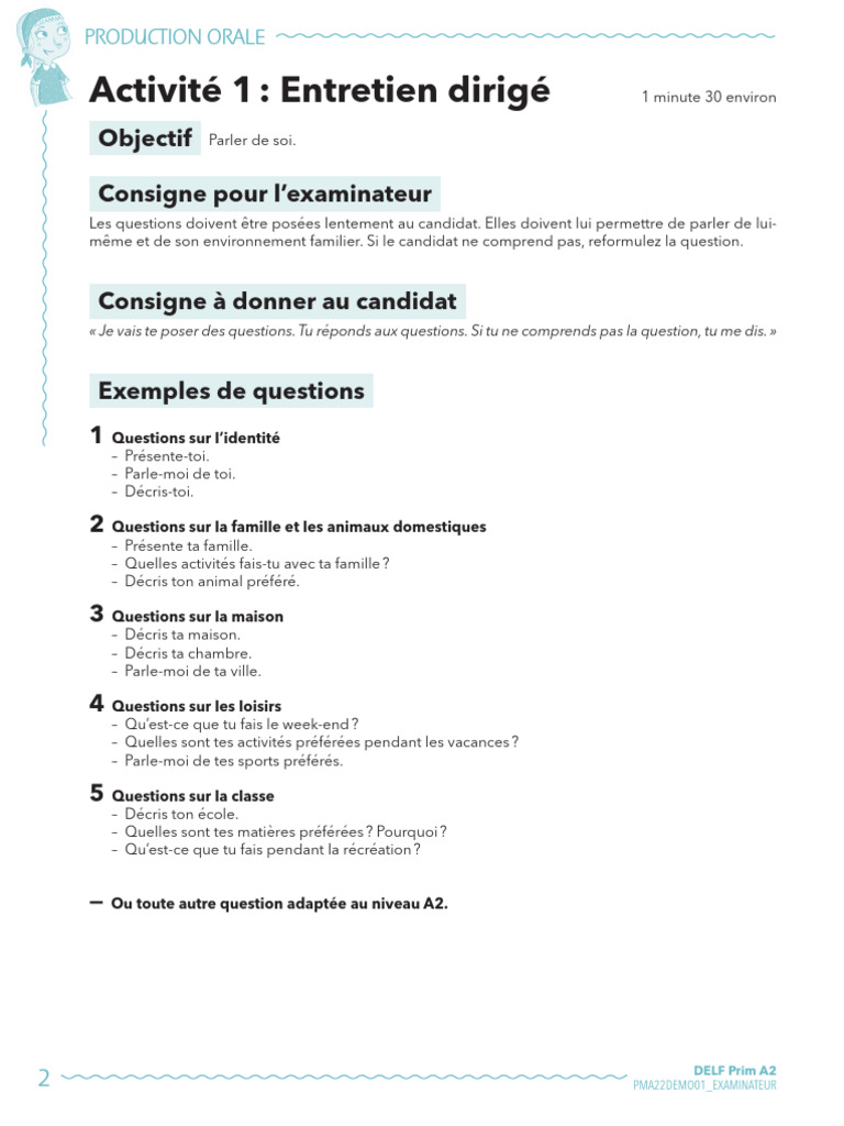 DELF Prim A2 Sujet 2 Production Orale 2 | PDF