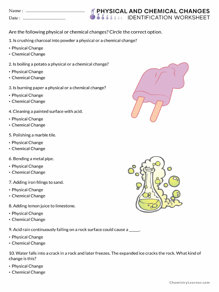 Physical and Chemical Change Worksheet For Grade 5 | PDF