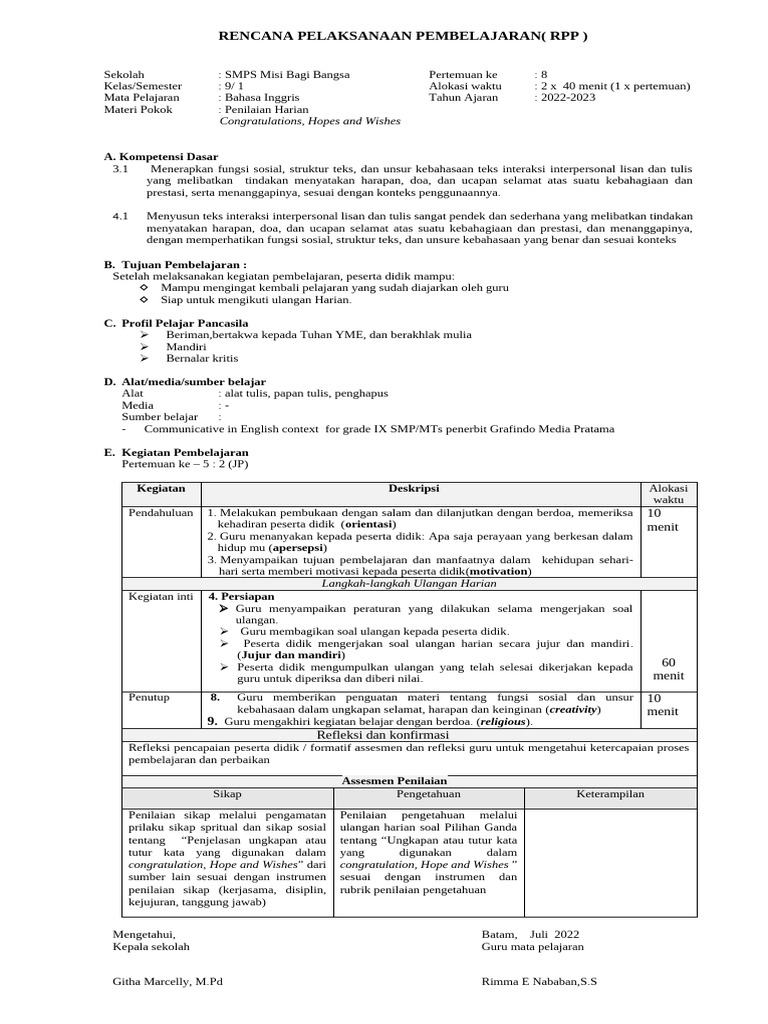 RPP UH 1 Kelas 9 Ok | PDF