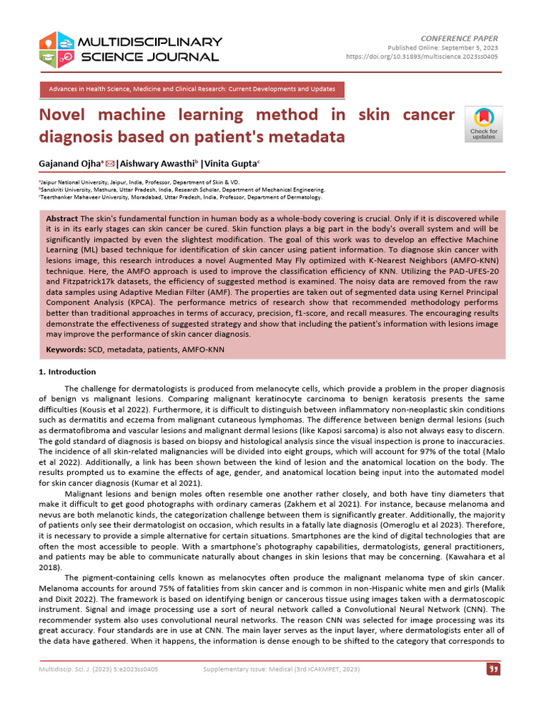 Novel Machine Learning Method in Skin Cancer Diagnosis Based On Patient's Metadata | PDF