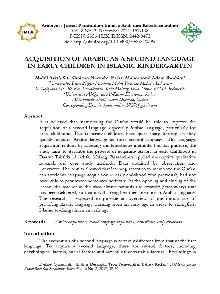 Acquisition of Arabic As Second Language in Early Children in Islamic ...