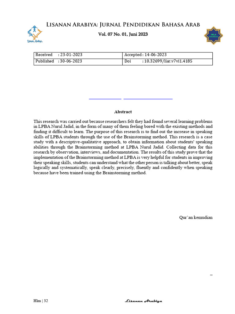 Optimalisasi Maharah Kalam Melalui Metode Brainstorming Pdf