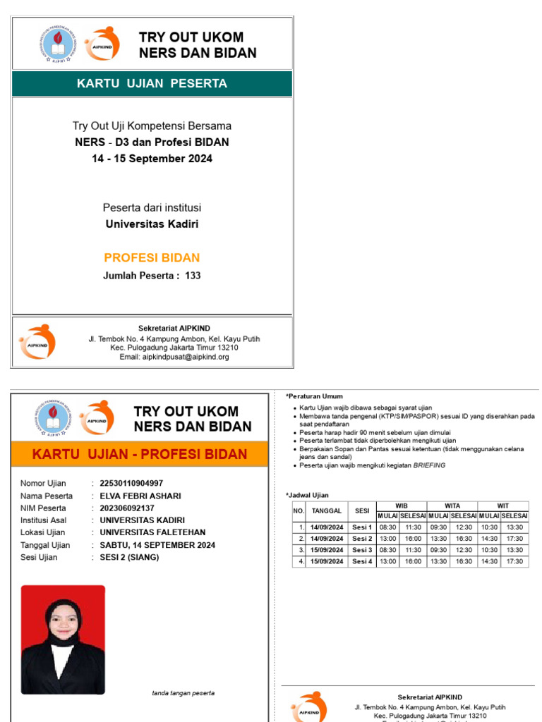 Kartu Ujian Try Out - Universitas Kadiri - 133 | PDF