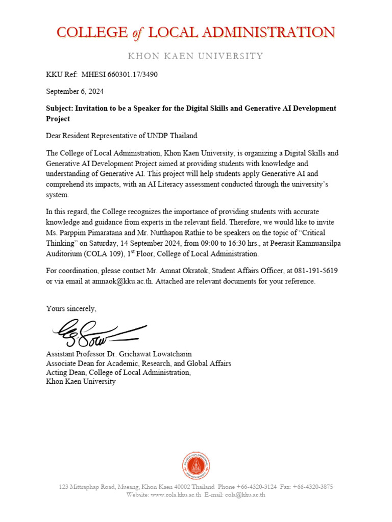Letter Invitation To Be A Speaker For The Digital Skills and Generative ...