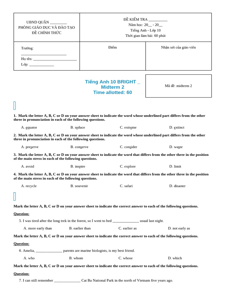 Tiếng Anh 10 BRIGHT - Midterm 2 Midterm 2 | PDF