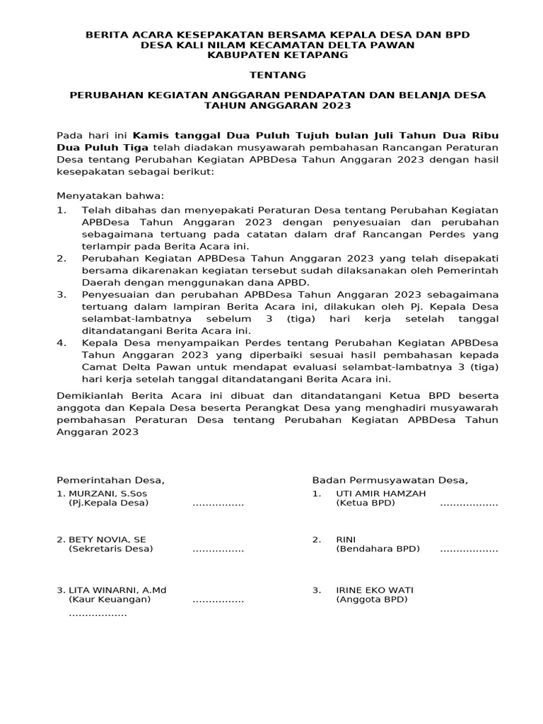 Ba Perubahan Apbdes 2023 | PDF