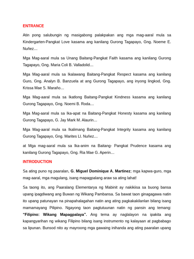 emcee script pampinid na palatuntunan | PDF