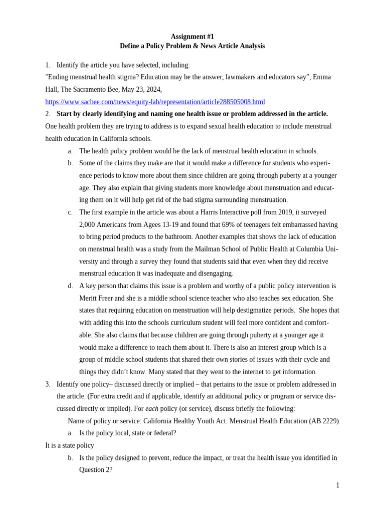 Assignment #1 Define A Policy Problem and News Article Analysis PH 450 ...