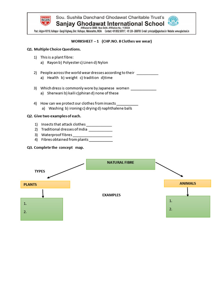 Worksheet 1 (CHP - NO. 8 Clothes We Wear) Q1. Multiple Choice Questions ...