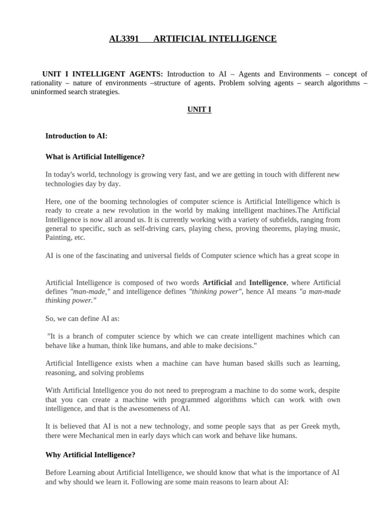 Al3391 Ai Notes Unit 1 | PDF