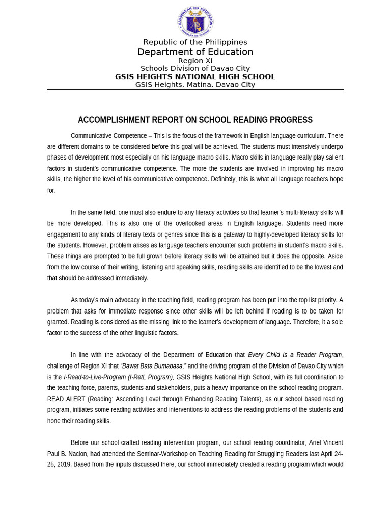 Accomplishment Report School Reading Progress | PDF