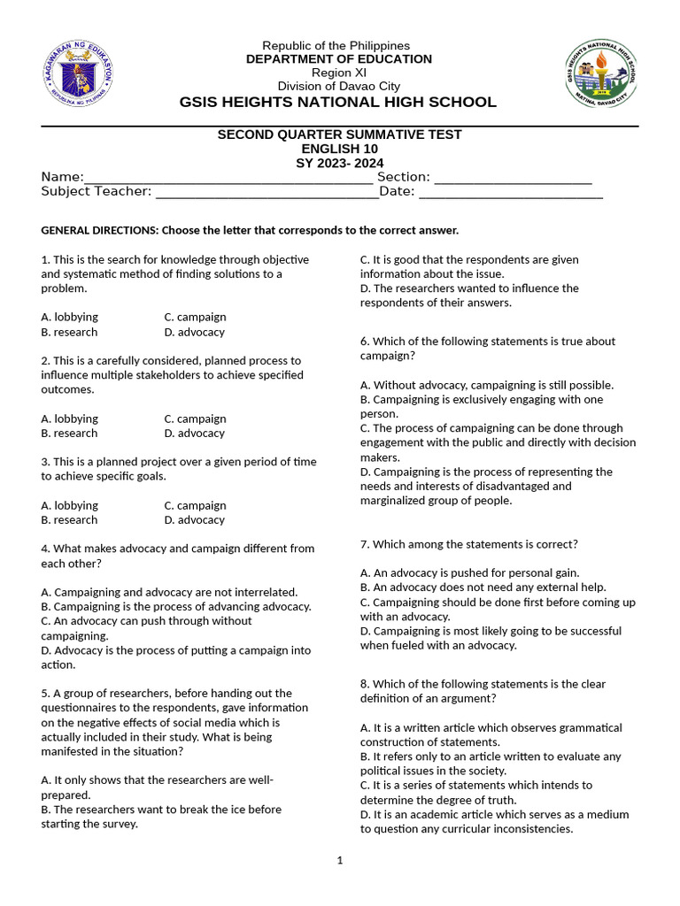 2nd Quarter Exam English 10 2023-2024 | PDF