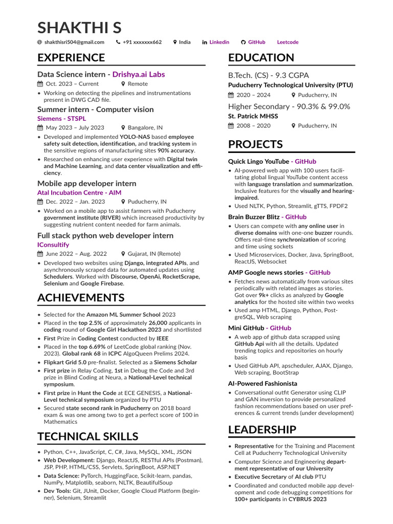 SHAKTHI BTech CS 2024 RESUME | PDF | Software | Web Development