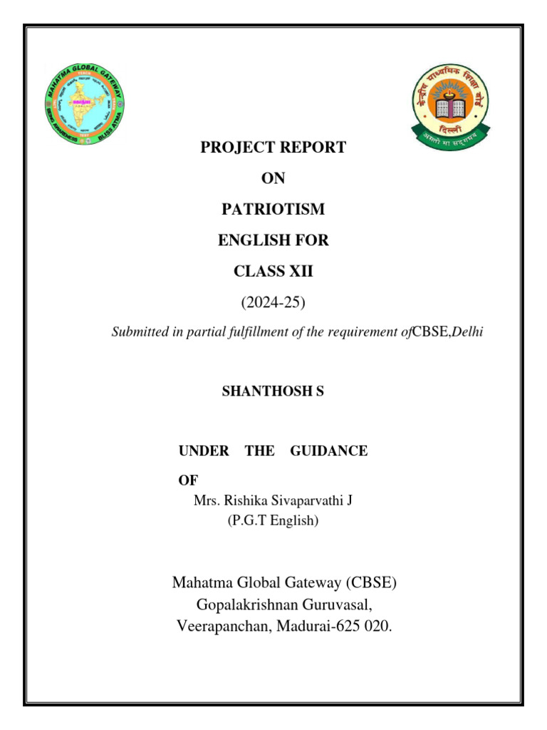 Project Report ON Patriotism English For Class Xii: Submitted in Partial Fulfillment of The ...