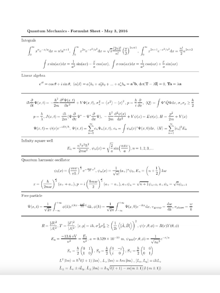 QM Formula Sheet 2016 | PDF