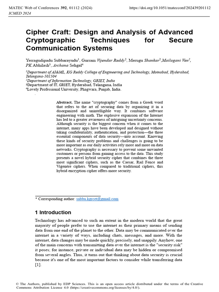 Cipher Craft Design and Analysis of Advanced Crypt | PDF | Encryption ...
