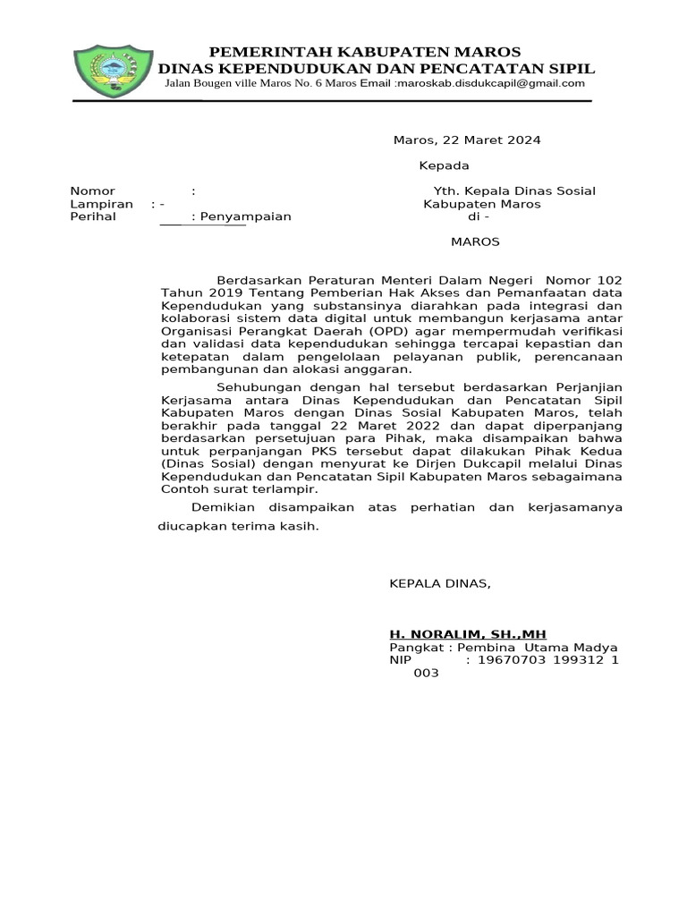 Surat Perpanjangan PKS Dinas Sosial | PDF