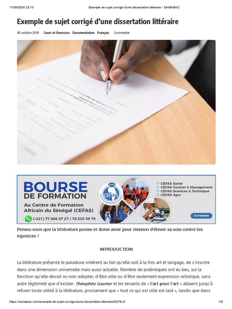 Exemple de Sujet Corrigé D'une Dissertation Littéraire - SAMABAC | PDF