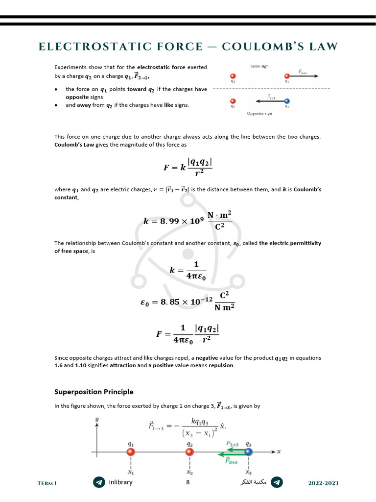 1.5 - Electrostatic Force Coulomb's Law - Summary | PDF