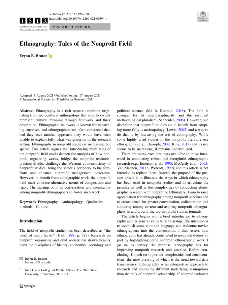 Ethnography: Tales of The Nonprofit Field: Erynn E. Beaton | PDF