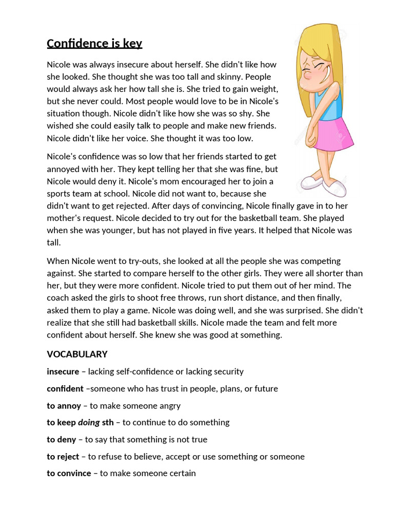 Confidence Is Key Reading Comprehension Exercises Worksheet Template - 112963 | PDF