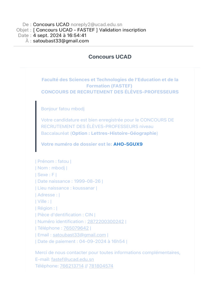 (Concours UCAD - FASTEF) Validation Inscription | PDF