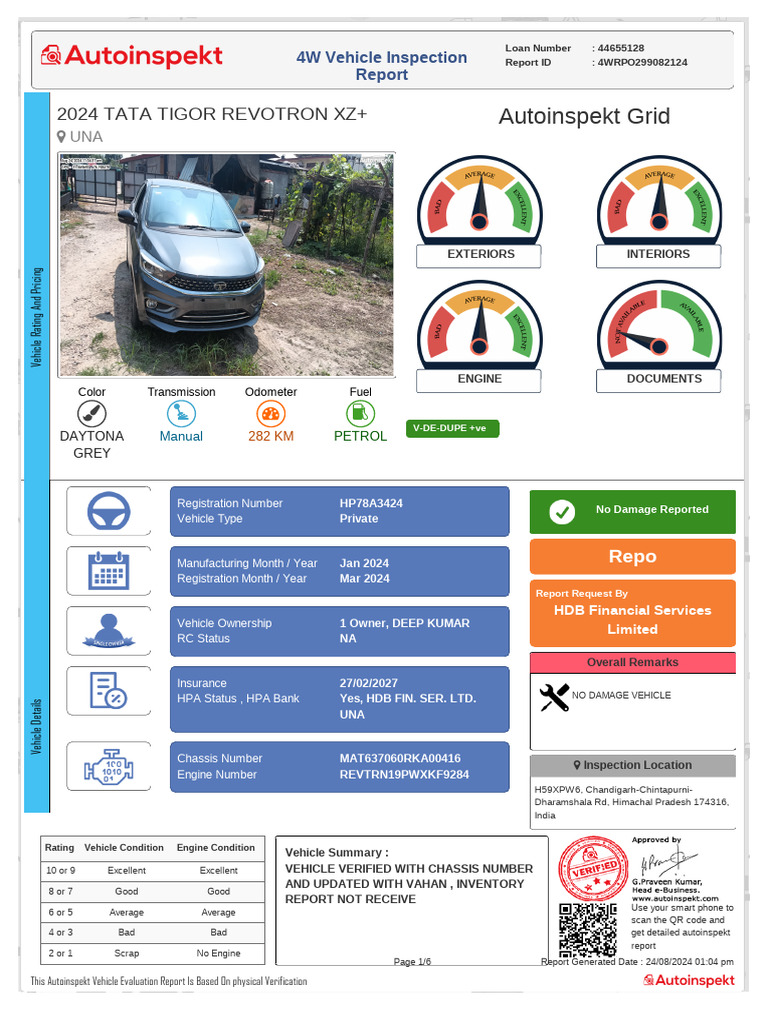 Autoinspekt Grid: 2024 Tata Tigor Revotron XZ+ | PDF