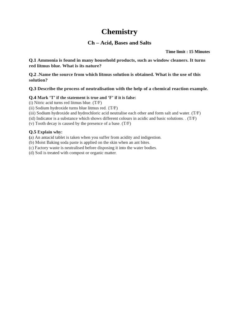 Chemistry CH 1 Acid Bases and Salts Revision Test | PDF
