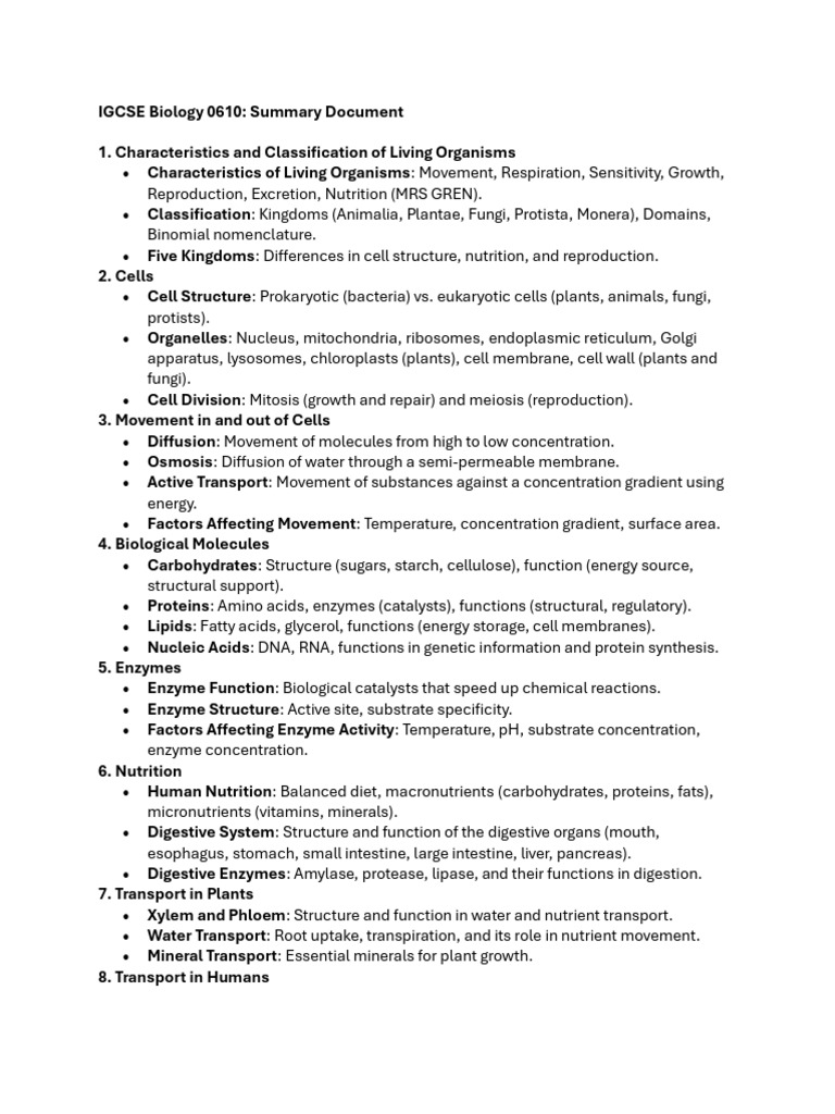 IGCSE Biology 0610 - Summary | PDF
